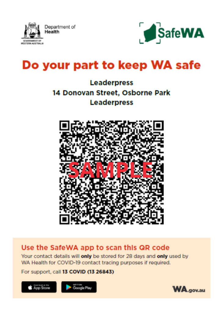 SafeWA QR Code Posters And Stickers Leaderpress Printers SafeWA QR Code Posters And Stickers Leaderpress Printers